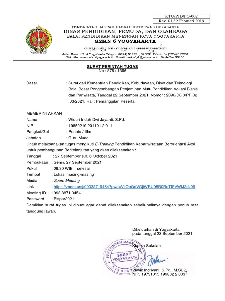 Surat Tugas E-Training Widuri Indah | PDF