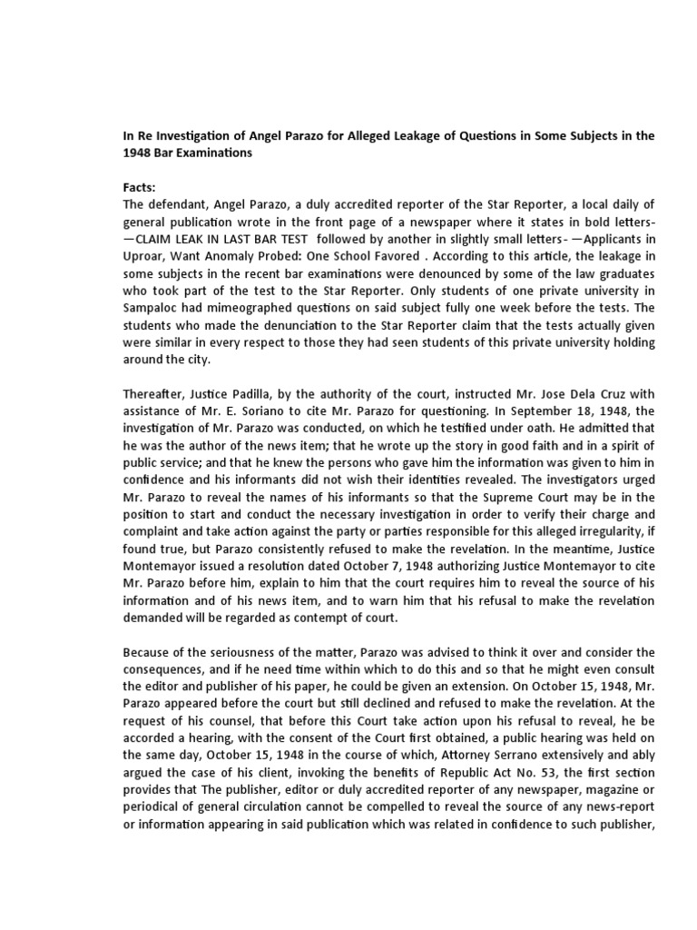 In Re Investigation of Angel Parazo For Alleged Leakage of Questions in ...