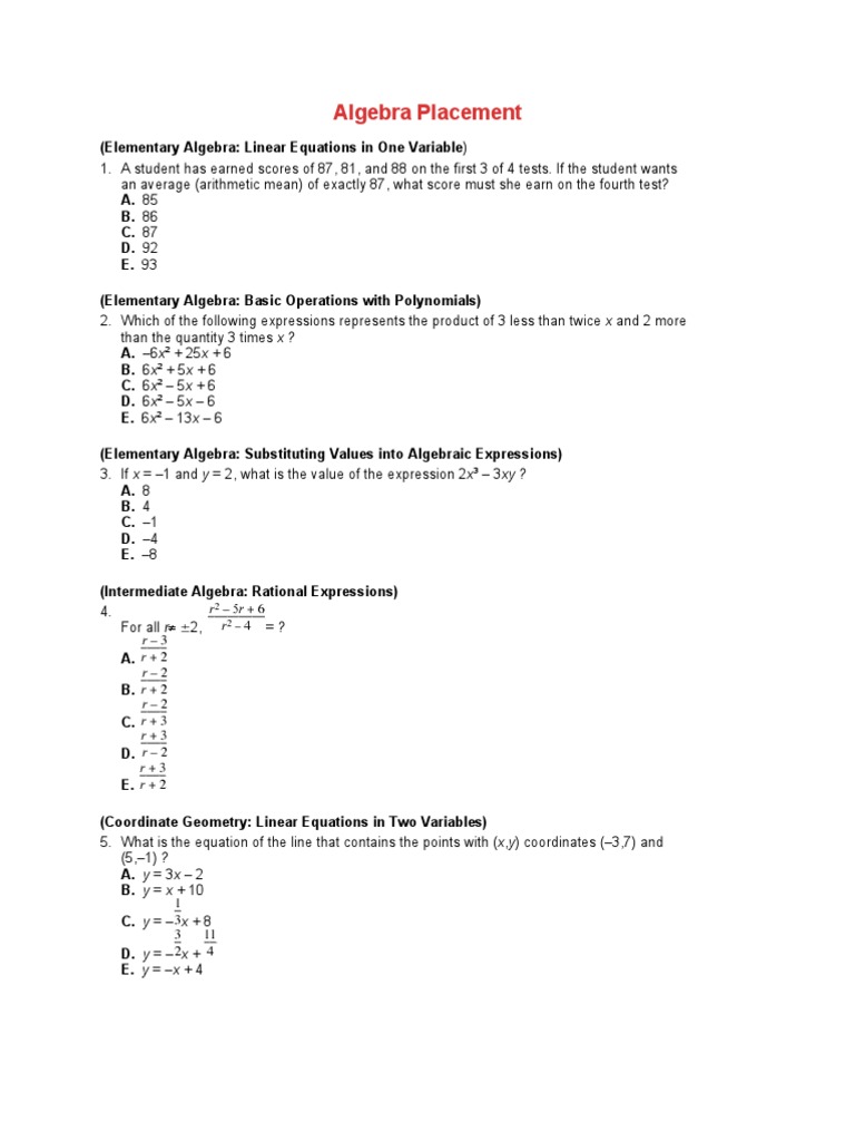 Algebra Placement | PDF