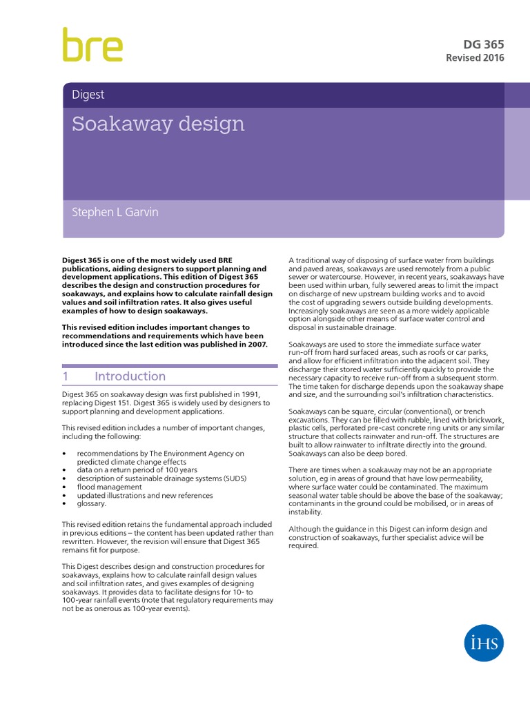 BRE Digest 365 - Soakaway Design (2016) | PDF | Surface Runoff | Drainage