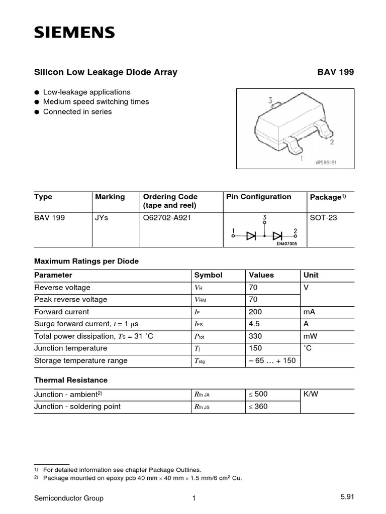 Silicon Low Leakage Diode Array BAV 199: Type Ordering Code (Tape and ...