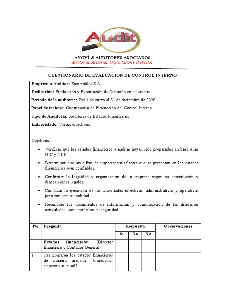 Taller Clase #30 Cuestionario Control Interno | PDF | Contabilidad | Presupuesto