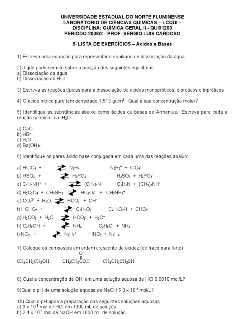 9-Lista Exercicios - Geral 2 - Acidos e Bases | PDF | Ácido | Ph