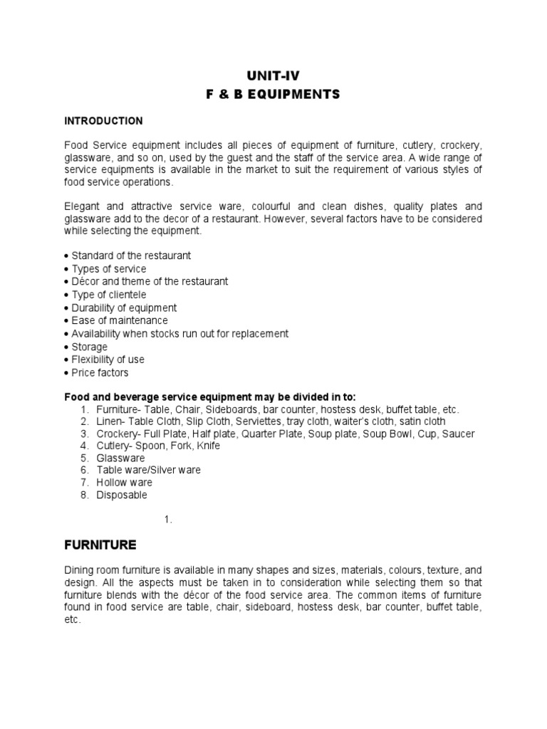 Unit-Iv F & B Equipments: Furniture | PDF | Tableware | Spoon