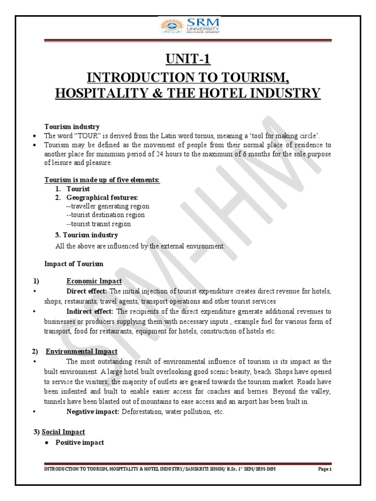 Unit-1 (Introduction To Tourism, Hospitality & Hotel Industry) | PDF ...