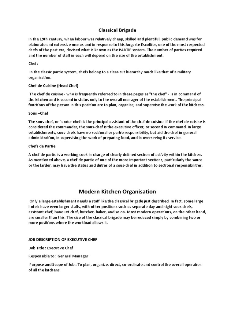 Classical Brigade: Modern Kitchen Organisation | PDF | Chef | Tableware