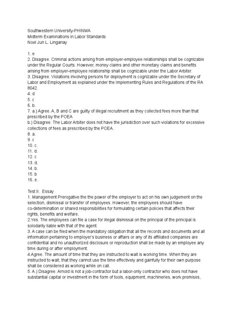 Midterm Exam in Labor Standards - Linganay | PDF | Employment | United ...