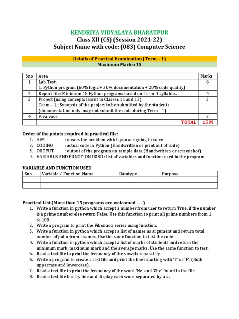 XII CS Practical List 2021-22 Term 1 | PDF | Python (Programming ...