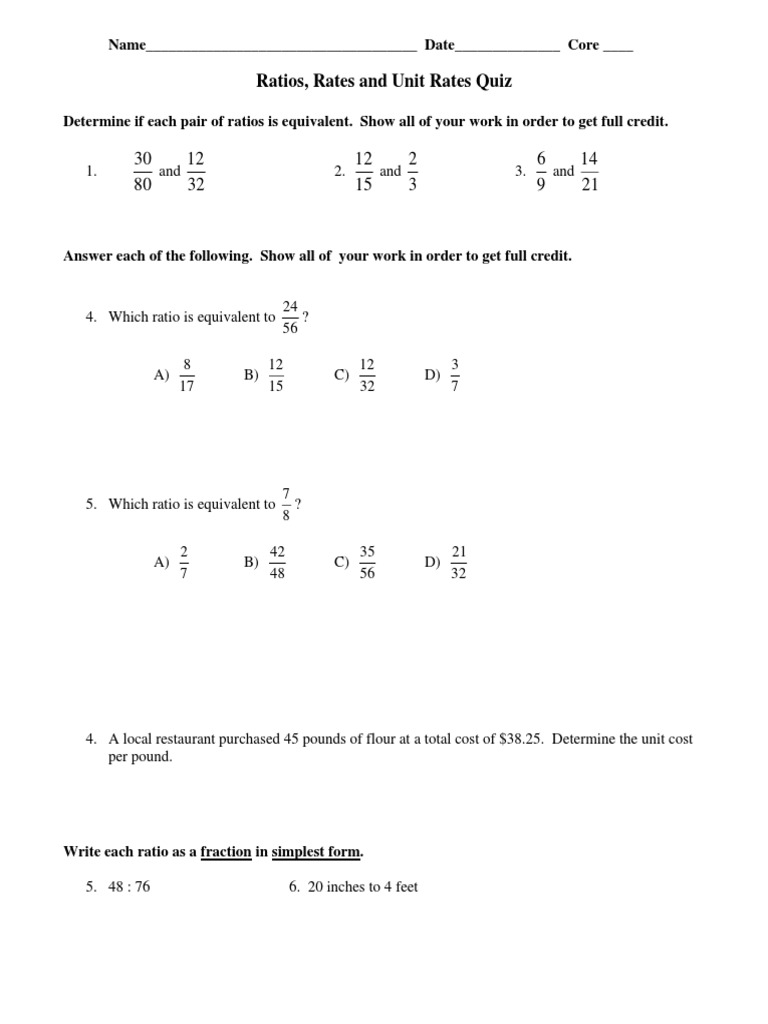 Ratio Rates Unit Rates Quiz | PDF | Ratio