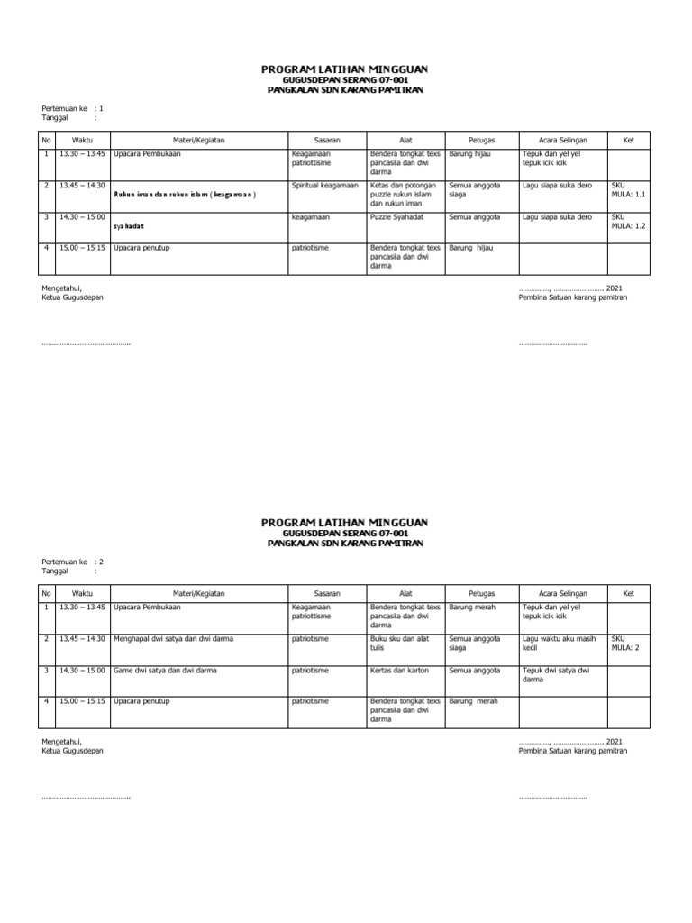 Program Latihan Mingguan Siaga SMT 1 | PDF