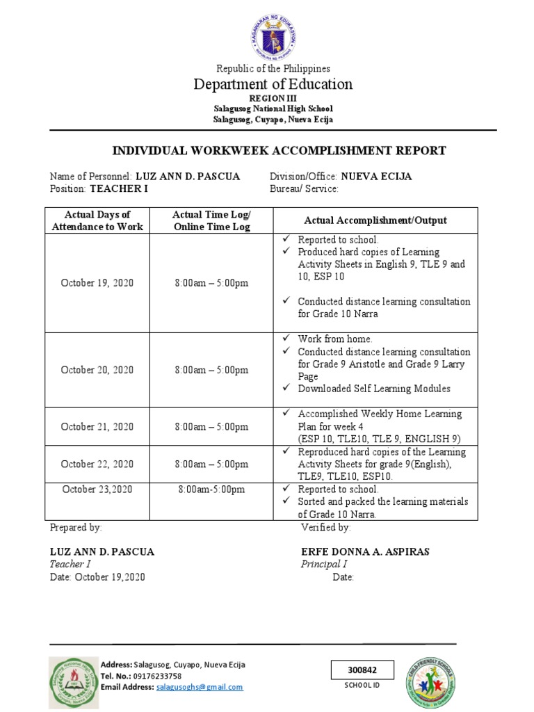 Teacher Accomplishment Report Template | PDF