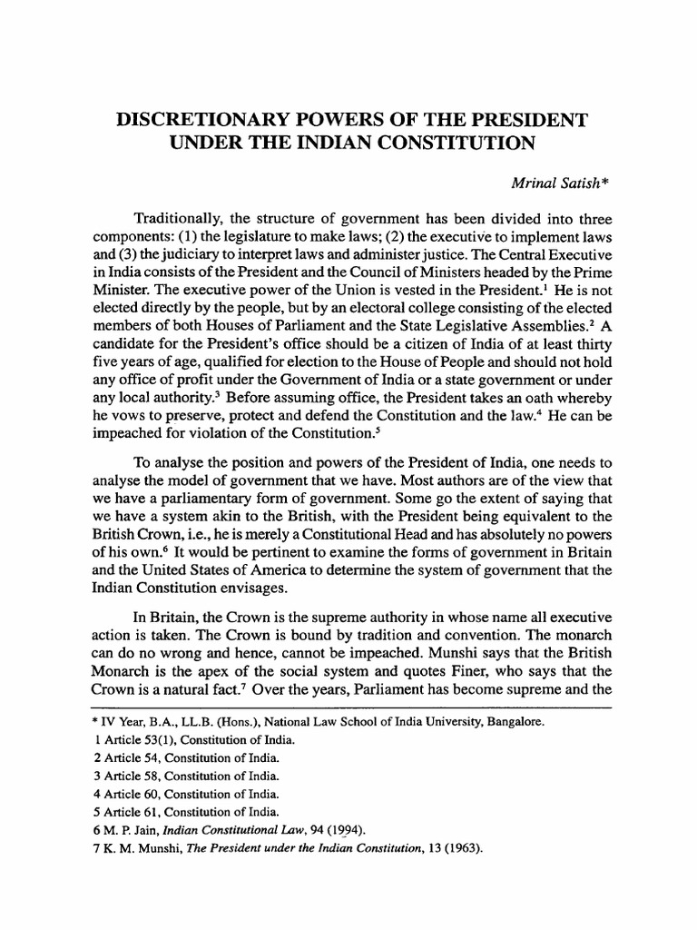 Discretionary Powers of The President Under The Indian Constitution ...