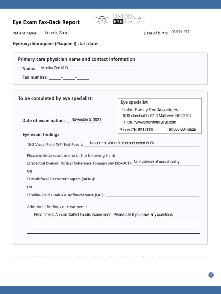 Plaquenil Eye Exam Fax-Back Form Fact Sheet | PDF
