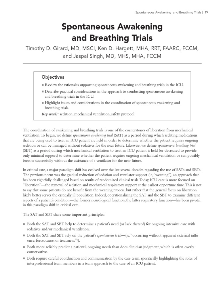 Spontaneous Awakening and Breathing Trials | Download Free PDF ...