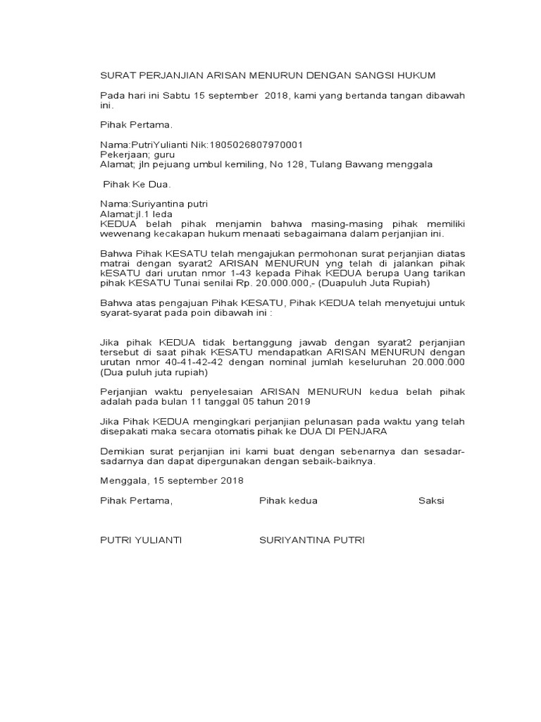 Surat Perjanjian Arisan Menurun 20 Juta | PDF