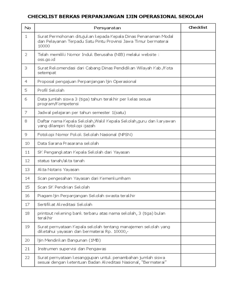 Checklist Berkas Perpanjangan Ijin Operasional Sekolah | PDF
