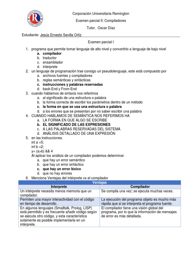 Examen Parcial 1 - Compiladores | PDF | Compilador | Lenguaje de programación