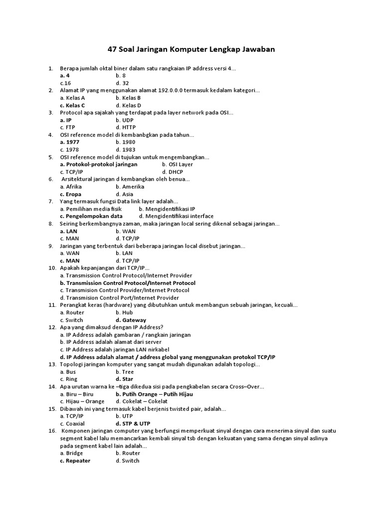 47 Soal Jaringan Komputer Lengkap Jawaban | PDF