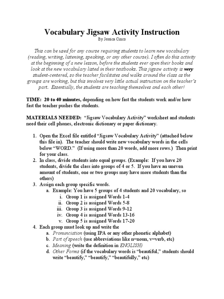 Vocabulary Jigsaw Activity Guide | PDF | Vocabulary | Teachers