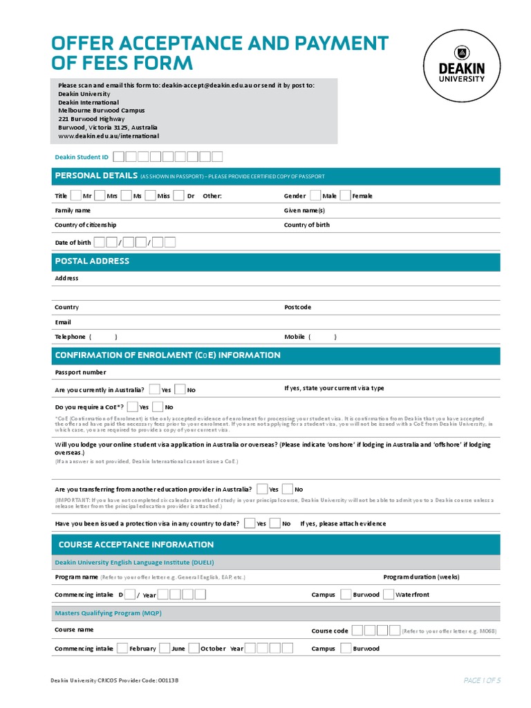Offer Acceptance and Payment of Fees Form: Personal Details | PDF | Fee ...