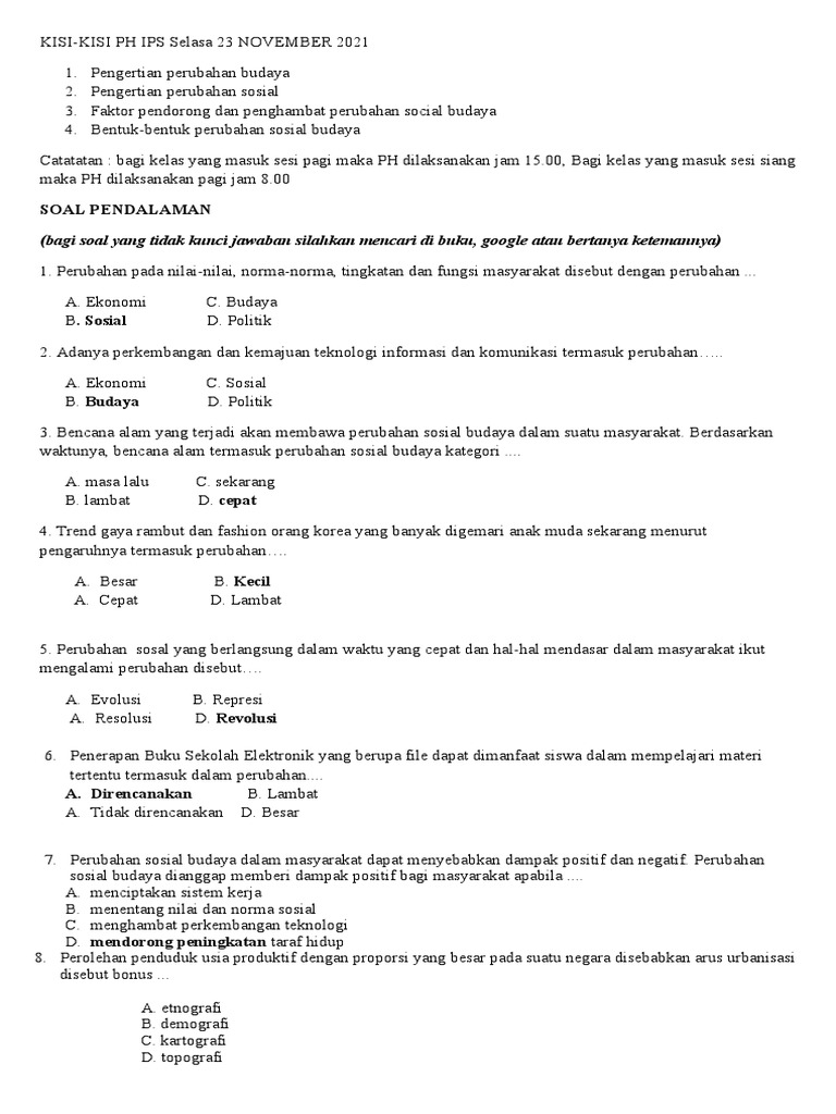 KISI-KISI PH IPS: Perubahan Sosial Budaya | PDF | Politik | Sejarah