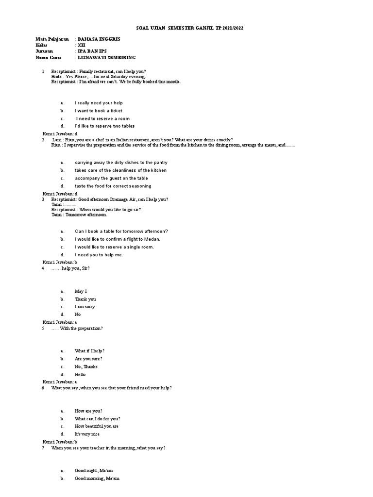 KELAS XII Format Soal Ujian Semester Ganjil 2021-2022 | PDF | Food Industry | Hospitality Industry