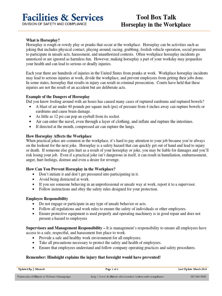 Tool Box Talk: Horseplay in The Workplace | PDF | Safety | Occupational ...