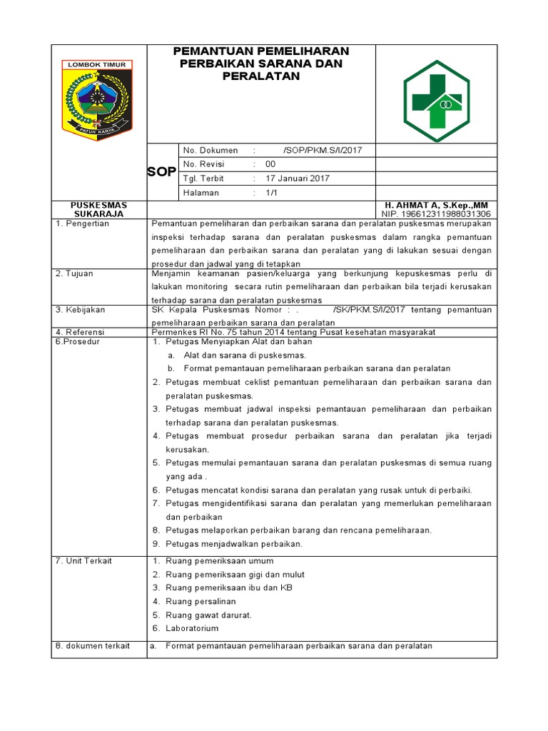 8.5.1.4 Sop Pemantuan Pemeliharaan Perbaikan Sarana Dan Peralatan | PDF