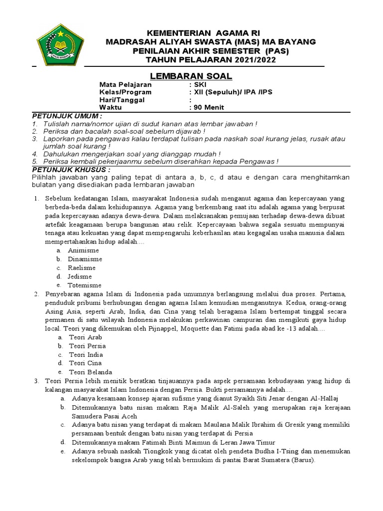 Soal SKI Kelas XII, Sem. 1 | PDF