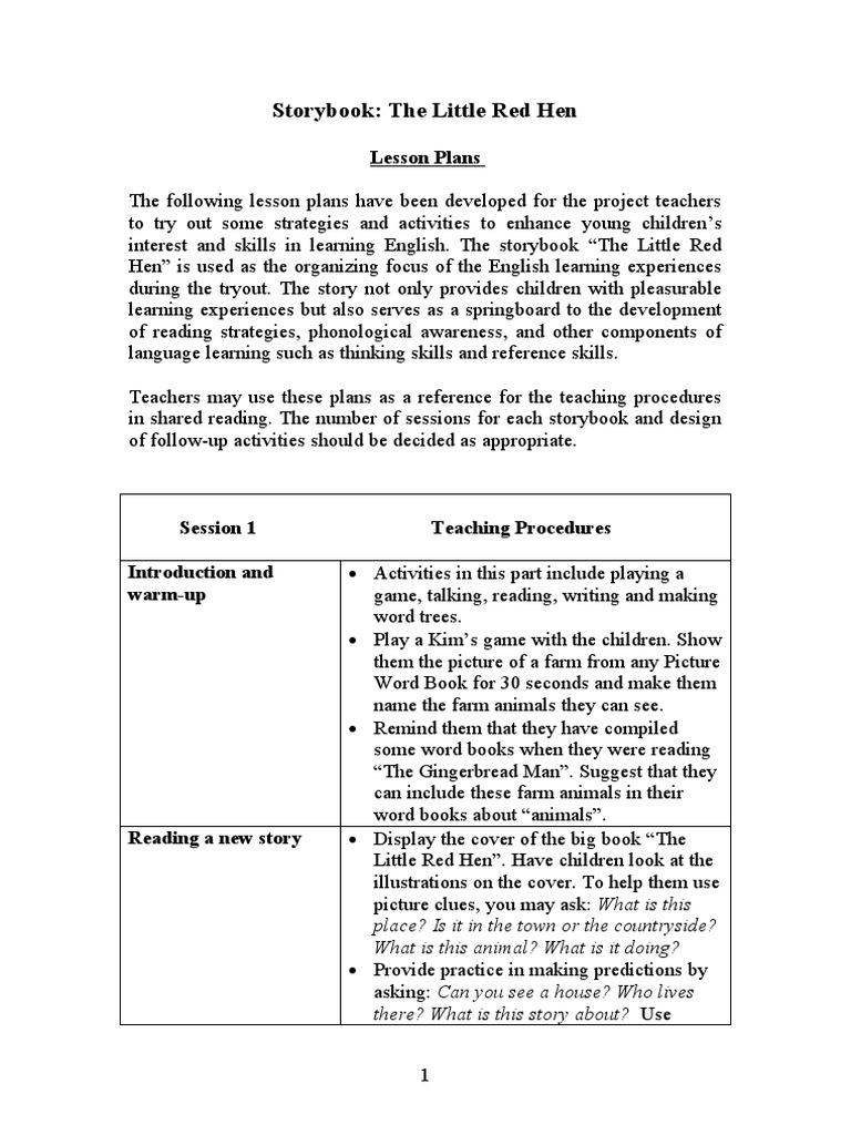 Storybook: The Little Red Hen: Lesson Plans | PDF | Children's ...