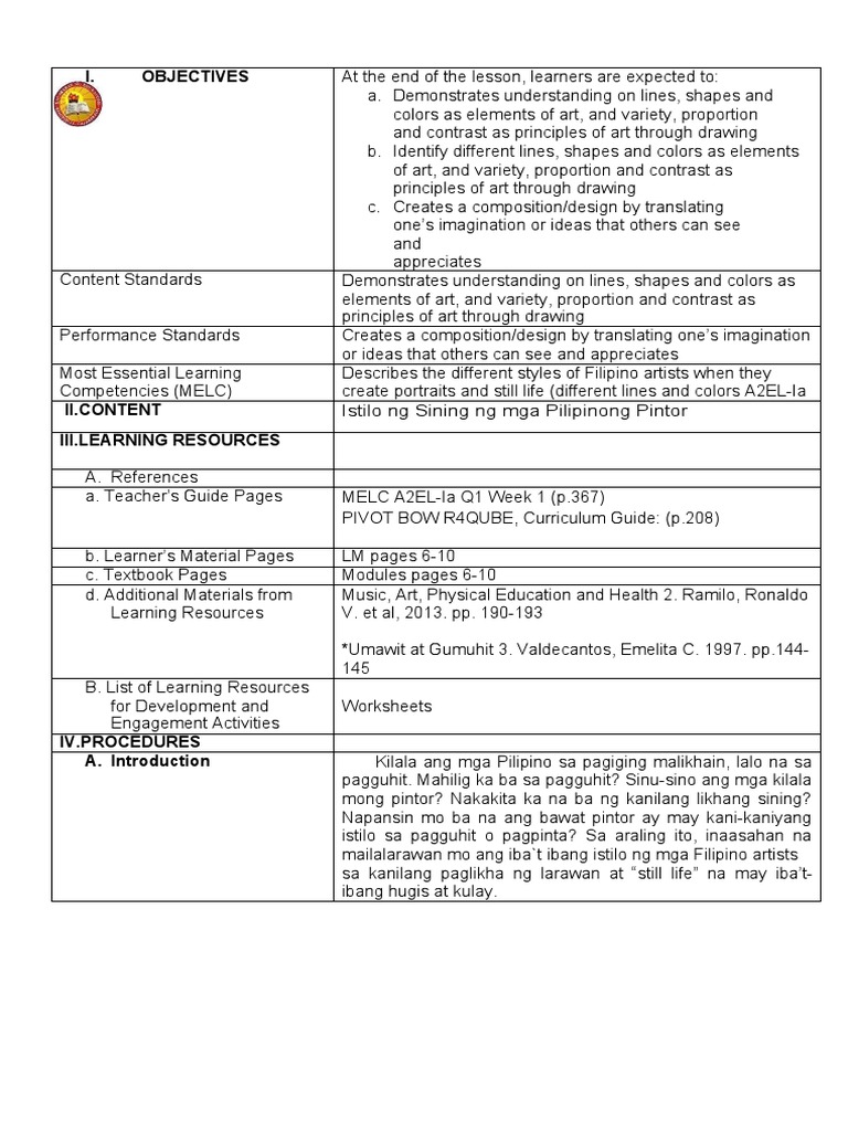 Lesson Exemplar-Arts-Q1-W1 | PDF