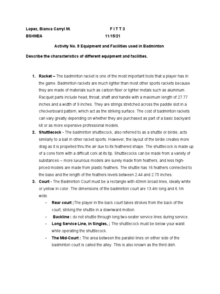 Badminton Equipment and Court Overview | PDF | Sports | Racquet Sports