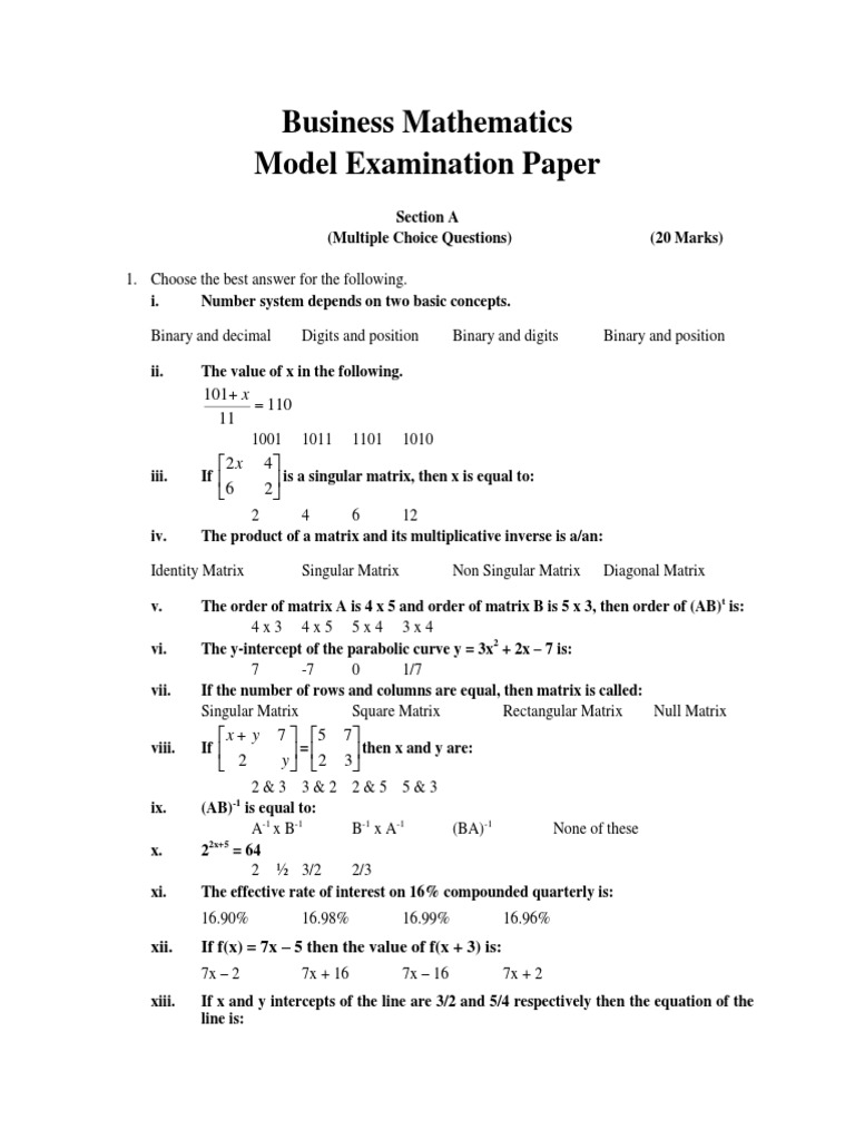 Business Mathematics Exam Paper 2023 | PDF | Matrix (Mathematics ...