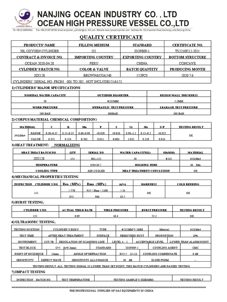 Certificates-50l O2 Cylinder | PDF | Heat Treating | Materials