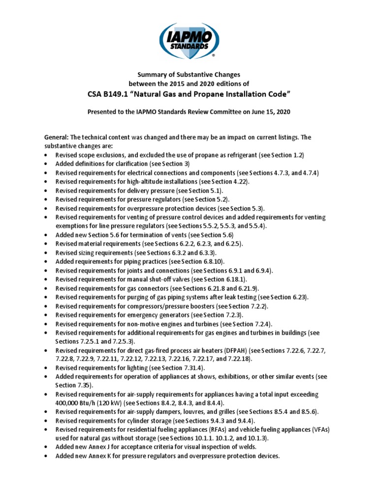 Summary of Changes Csa b149!1!2015 2020 | PDF | Pipe (Fluid Conveyance) | Valve