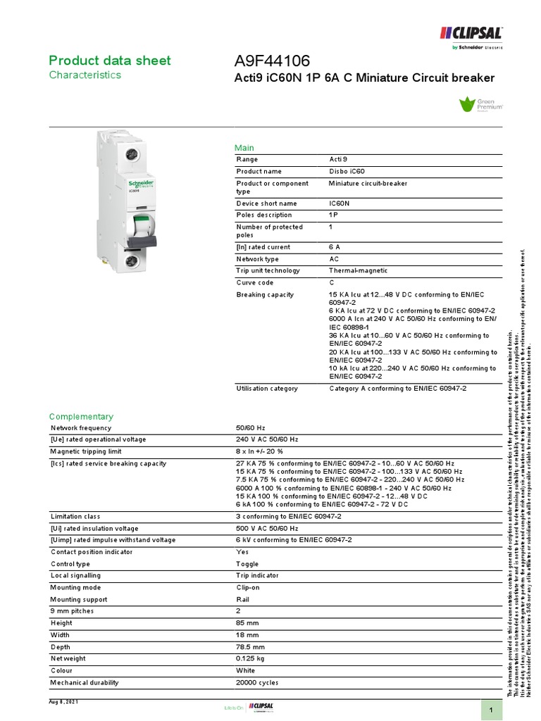 SCHNEIDER CB Acti - 9 - A9F44106 | PDF | Alternating Current | Electricity
