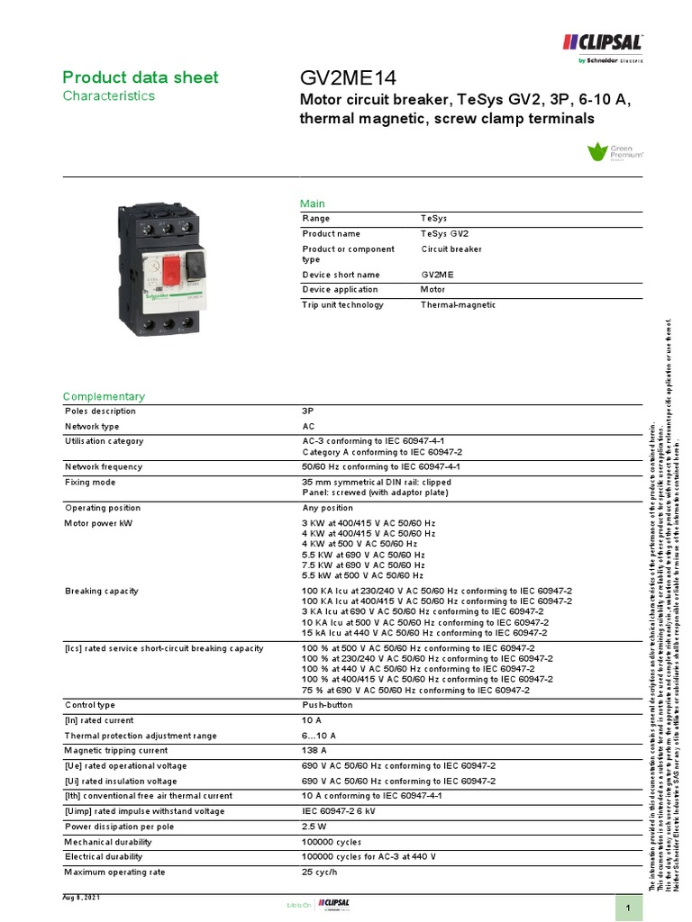 TeSys GV2ME14 3P 6-10A Thermal-Magnetic Motor Circuit Breaker Data ...