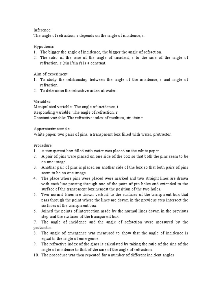 Experiment To Determine Refractive Index of Water 22 | PDF