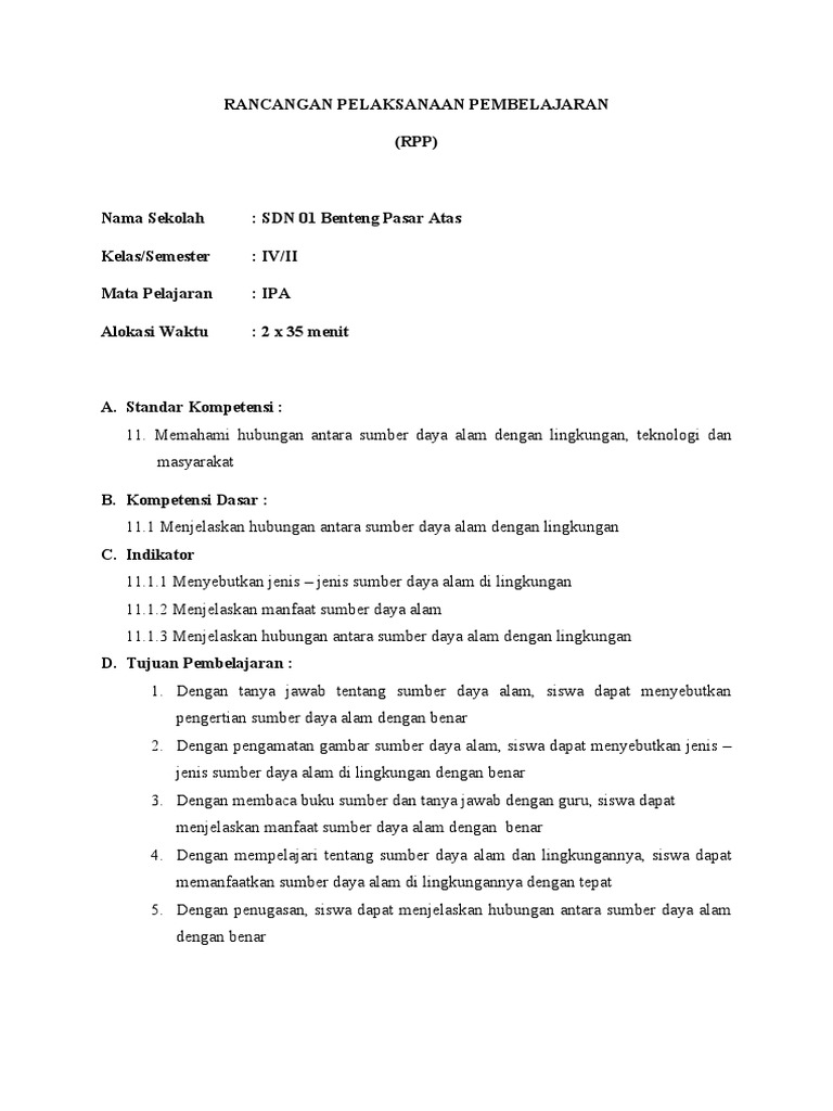 RPP IPA Kelas 4 SD | PDF