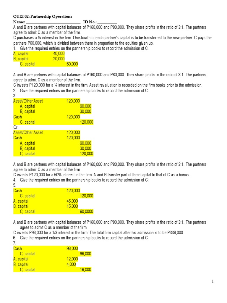 QUIZ 02: Partnership Operations Name: - ID No. | PDF | Partnership ...