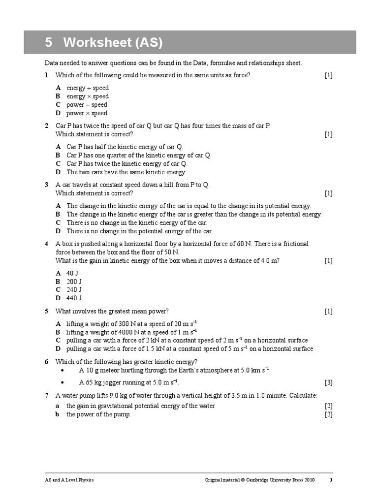 5 Worksheet (AS) : AS and A Level Physics Original Material © Cambridge ...