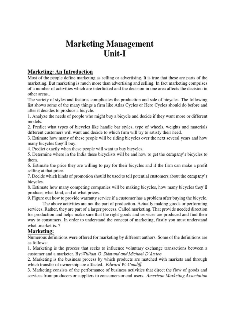 Marketing Management-Unit - 1& 2 | PDF | Marketing | Sales