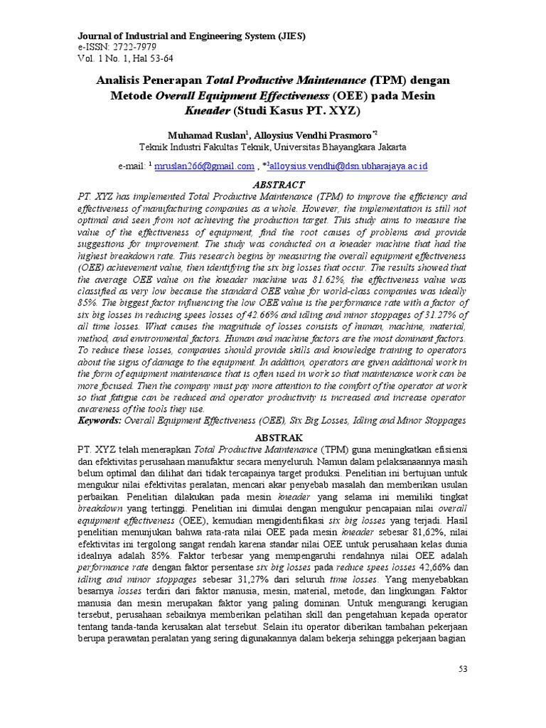 Analisis Penerapan Total Productive Maintenance (TPM) Dengan Metode Overall Equipment ...