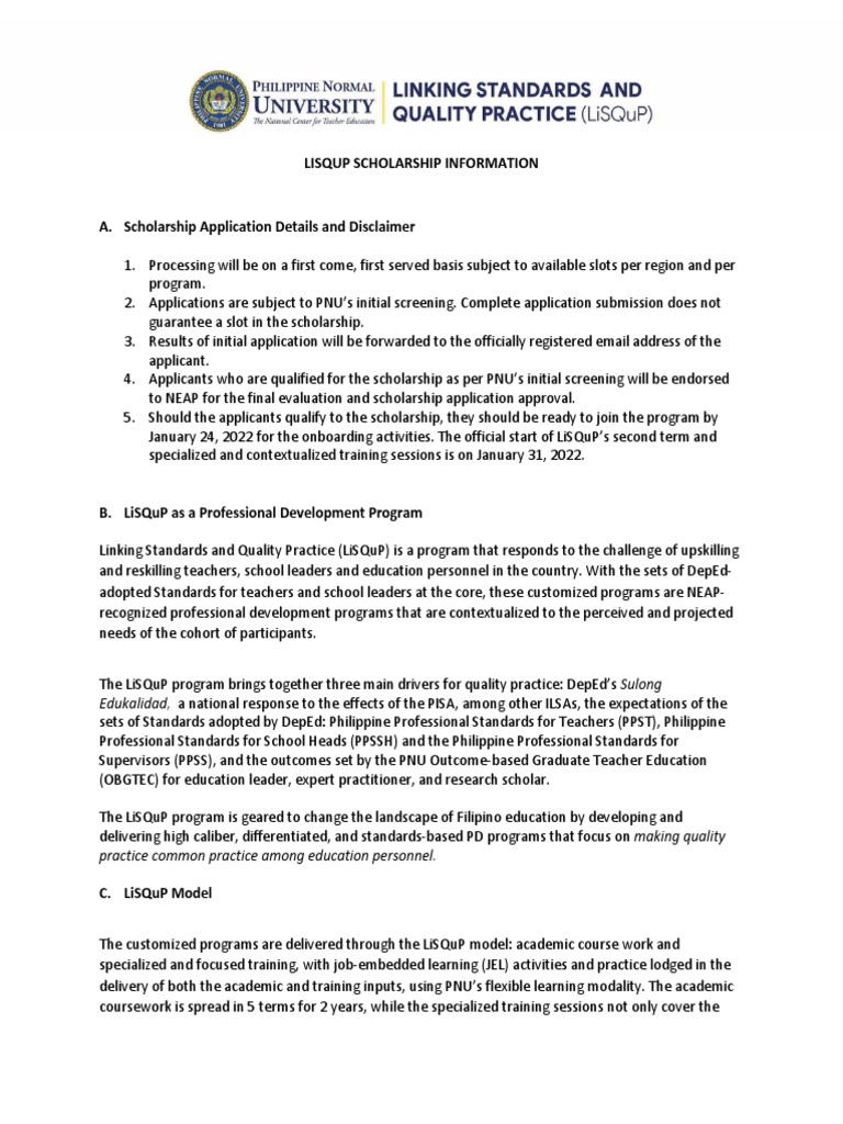 LiSQuP Scholarship Program Overview | PDF | Curriculum | Early ...