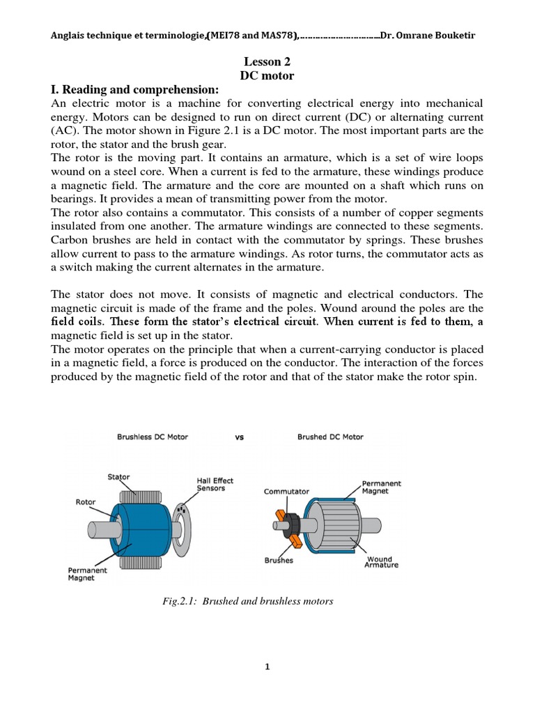 Lesson 2 DC Motor I. Reading and Comprehension | PDF | Electric Motor ...