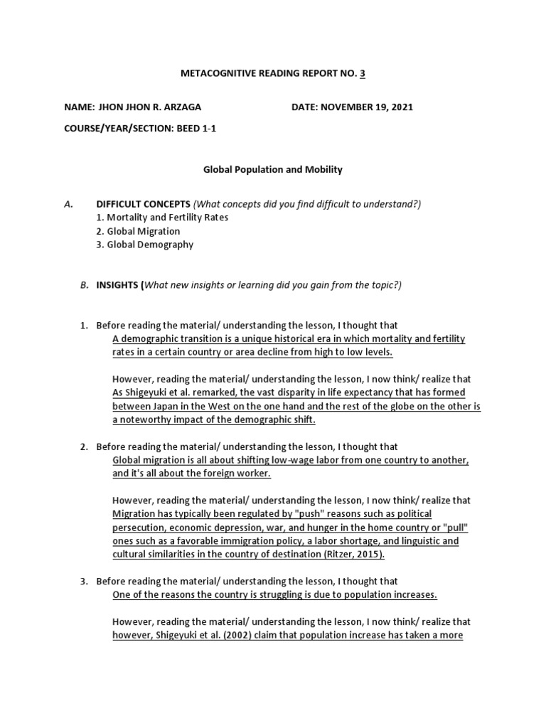 Metacognitive Reading Report No. 3 | PDF