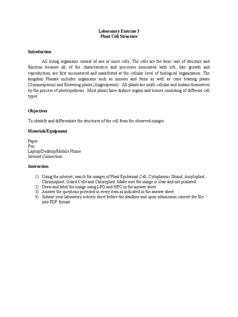 Laboratory Exercise 2 - Plant Cell Structure | PDF | Plants | Botany