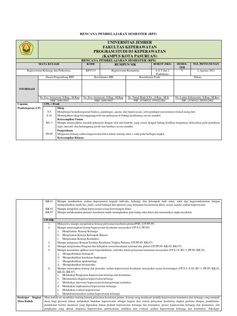 Rps Keperawatan Keluarga Dan Perkesmas 2021 New | PDF | Pengembangan Diri | Sains & Matematika