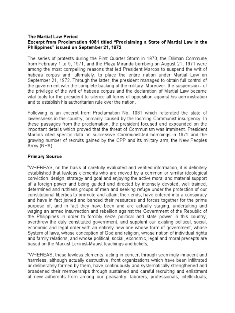 The Martial Law Period Excerpt From Proclamation 1081 Titled ...