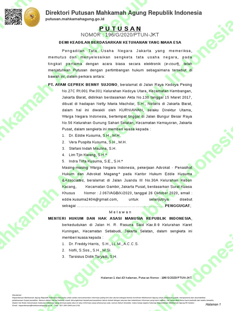 Putusan - 196 - G - 2020 - Ptun - JKT - 20210909 (Kasus Benny) | PDF